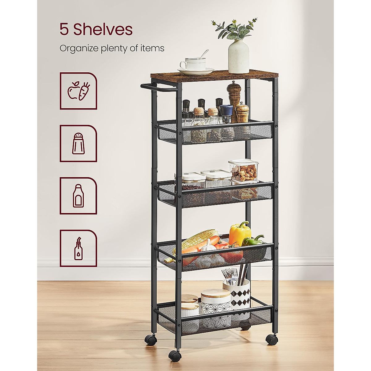 VASAGLE Slim Rolling Cart, 5-Tier Storage Cart, Narrow Cart with Handle, 8.7 Inches Deep, Metal Frame, for Kitchen, Dining Room, Living Room, Home Office, Rustic Brown and Black ULRC035B01
