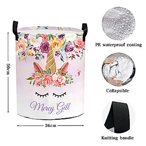Custom Laundry Basket for Kids Baby Girls Boys Personalized Unicorn Floral Laundry Hamper with Name Waterproof Customized Dirty Clothes Storage Basket Toys Dolls Collapsible Large Organizer