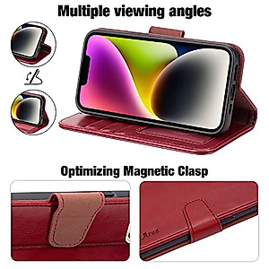 Arae Compatible with iPhone 14 Case Wallet Flip Cover with Card Holder and Wrist Strap for iPhone 14 6.1 inch-Wine Red