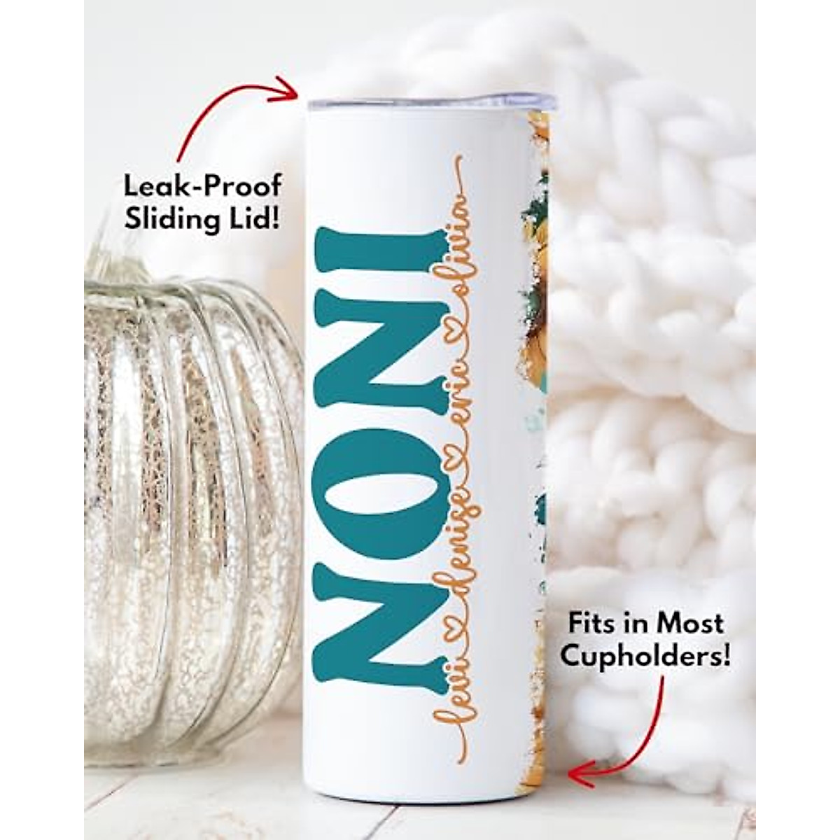 Personalized Noni Tumbler, 20 oz Stainless Steel Sunflower Cup with Lid & Straw, Custom Grandma Gift with Grandkids’ Names, Floral Grandmother Coffee Mug for Birthday, Mother’s Day or Christmas