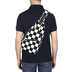 LAKUERVI Plaid Chest Sling Bag Geometric Checkered Plaid Pattern Black White Crossbody Shoulder Backpack Adjustable Lightweight Travel Hiking Casual Daypack for Men Women