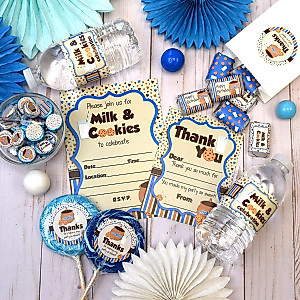 Milk and Cookies Boy Birthday Party Bundle Includes 20 each of Invitations & Thank You Cards with Envelopes + 2 Different Sizes of Stickers, Mini Candy Bar Wrappers, & Water Bottle Labels!
