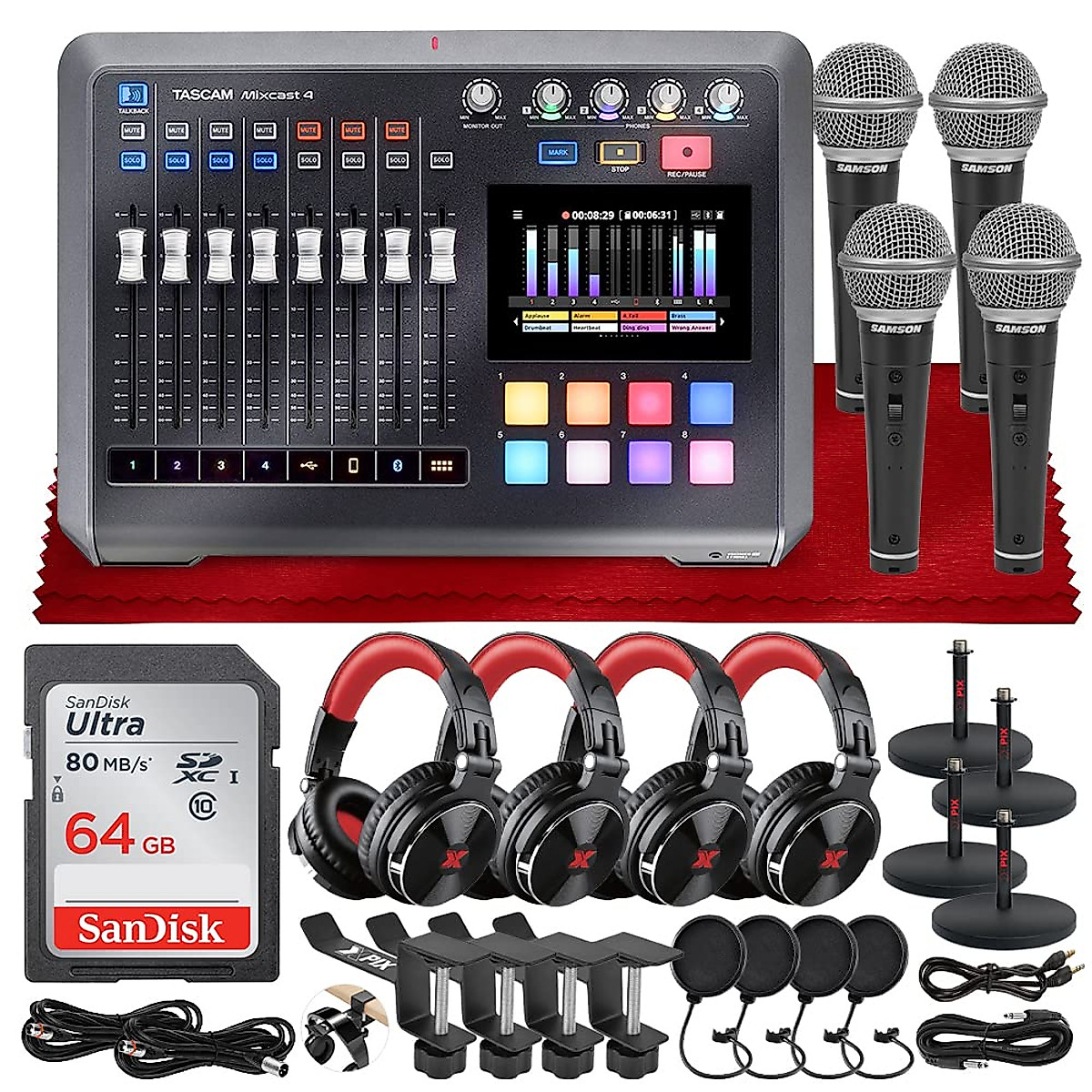 Tascam Mixcast 4 S Podcast Studio Mixer Station with Built-in Recorder/USB Audio Interface, 8 Sound-effect, Records 14 Tracks, comes w/ Deluxe 4S Accessories Bundle