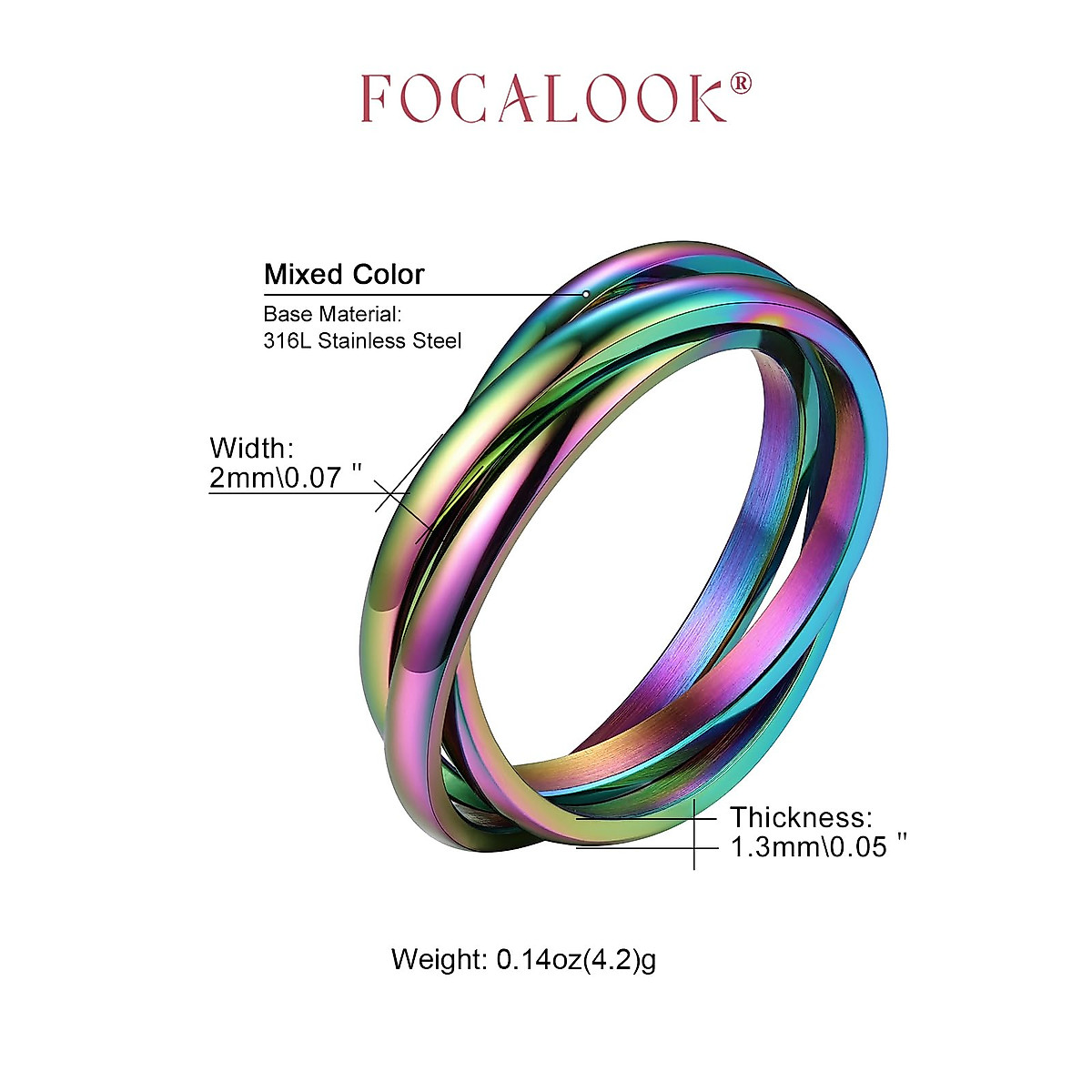 FOCALOOK Womens Rainbow Ring Fashion Fun Ring Triple Interlocked Fidget Ring (Rainbow,8)
