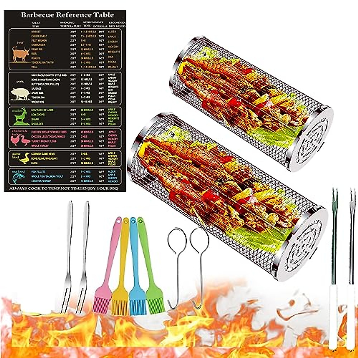 2pcs Rolling Grilling Basket - Stainless Steel BBQ Grill Mesh for Vegetables, Fish and French Fries, Round Stainless Steel Grill Mesh (Pack of (M+L))