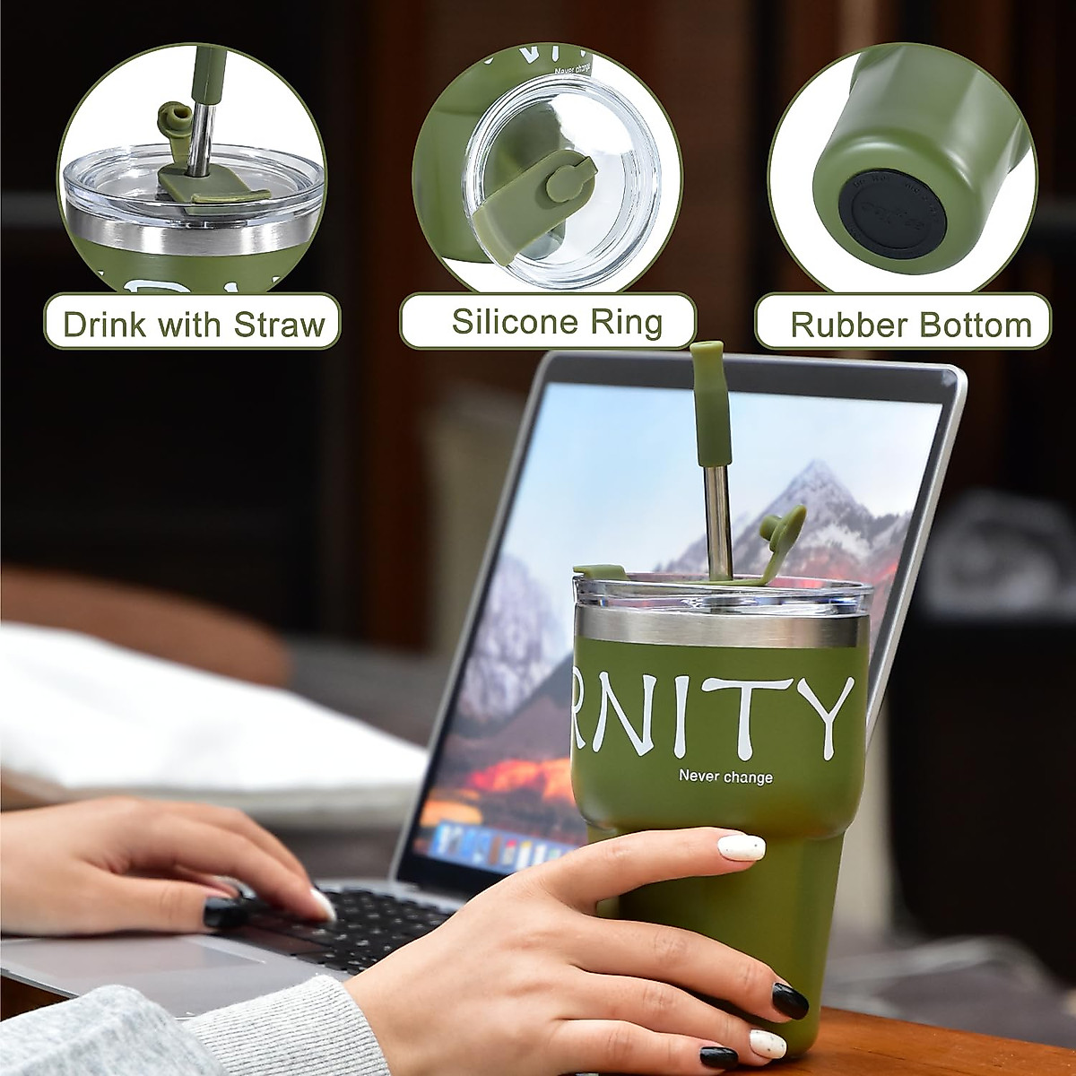 21 oz Travel Coffee Mug, Insulated Tumbler with Lid and Straw Double Wall Vacuum Insulated Tumbler Reusable Coffee Cups for Coffee, Tea and Drinks, Green