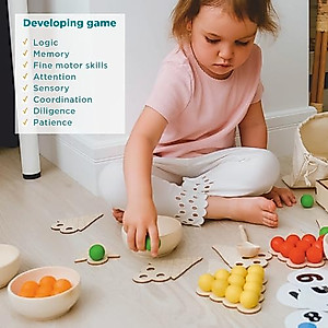 Ulanik Sweet Counting Large Toddler Montessori Toys for 3 Year Old + Kids Wooden Matching Game for Learning Color Sorting and Counting — 60 Balls, 0.98 in