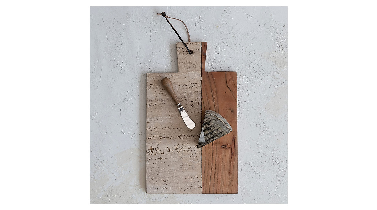Creative Co-Op Stone and Acacia Charcuterie Board & Knife Set