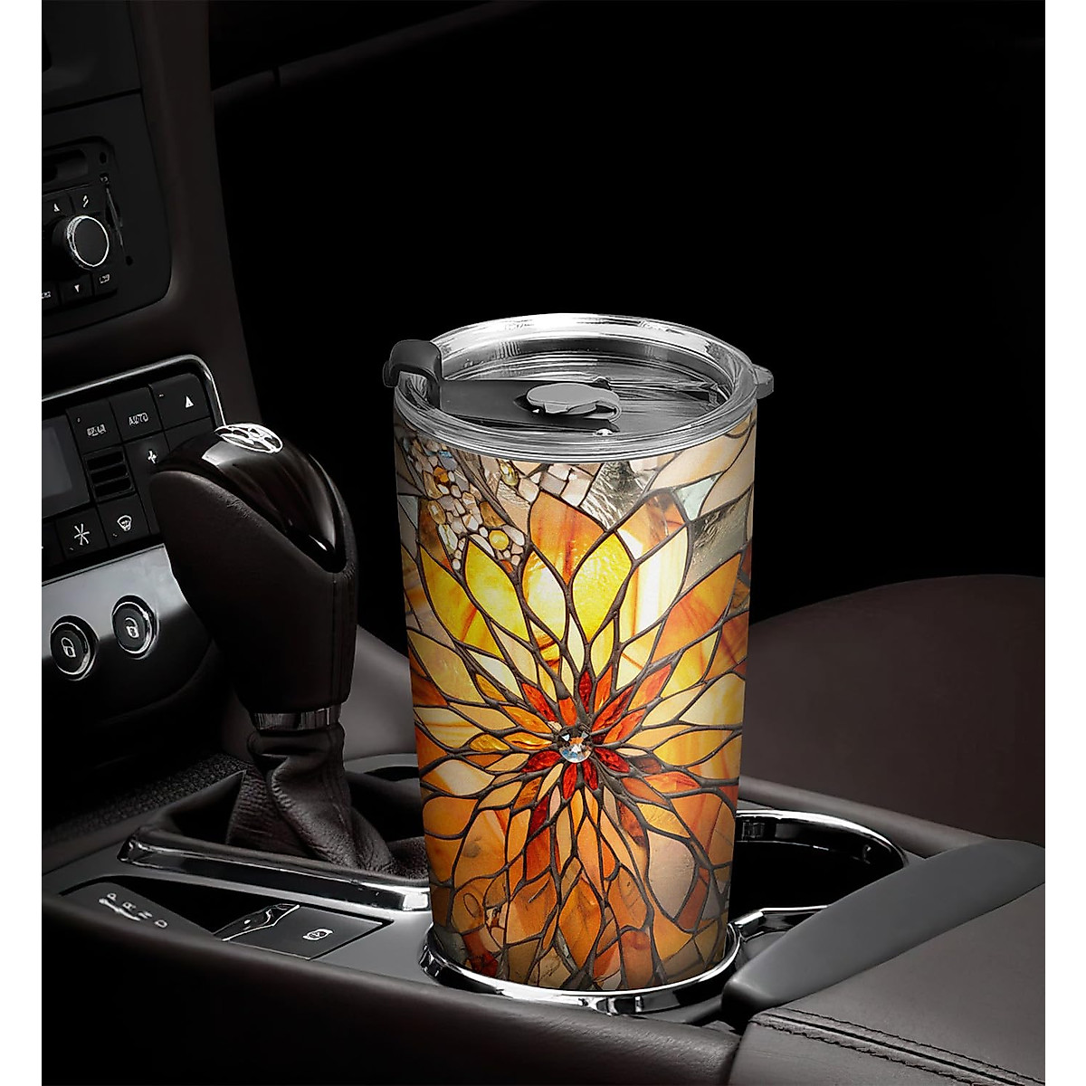 ORCAE 20oz Beautiful Colorful Daisy Flower, Stained Glass Style Flowers, Yellow Flower Tumbler Cup, Insulated Travel Mug with Lid, Coffee Thermos for Men, Women, Gifts for Women - A