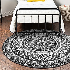LEEVAN Mandala Round Rug 3ft,Modern Flannel Washable Circle Rug with Non-Slip Rubber Backing No-Shedding Indoor Bohemian Grey Office Rug for Meditation,Dining Room,Under Table