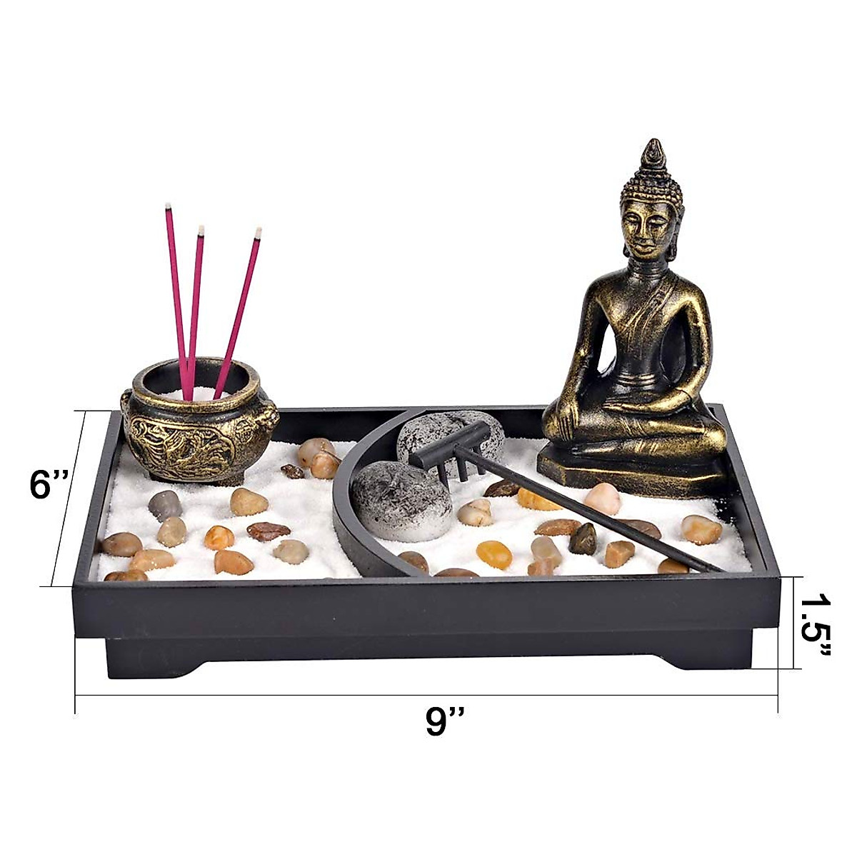 Royal Brands Zen Garden with Buddha, Rake, Rock Candle, and Incense Holder – Peace and Tranquility (9"x6"x7")