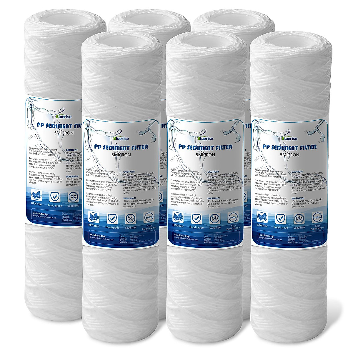 BLUERISE 5 Micron 10"x2.5" Wire Wound Whole House Water Filter Replacement Cartridge - 6 Pack