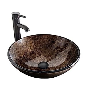 Bathroom Vessel Sink, 16.5" Artistic Glass Bathroom Bowl Basin with Faucet, Mounting Ring and Pop Up Drain, Brown