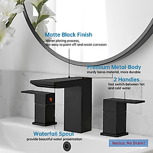 RUMOSE Widespread 8 Inch Two Handle Sink 3 Hole Faucet Matte Black Stainless Steel Mixer Waterfall Bathroom / Lavatory Faucets