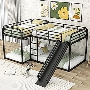 L-Shaped Bunk Bed Full Twin Size with Slide Short Ladder Safety Rail Premium Steel Slat Support Kids' Bedroom Furniture Black Modern Contemporary Sports Metal Finish
