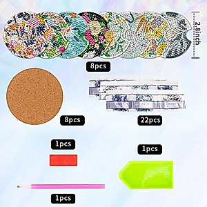 8 Pcs Diamond Painting Coasters, Flowers Diamond Art Car Coasters for Cup Holder, 2.8 Inches Flowers Diamond Art Coasters for Drinks, Small Diamond Painting Kits Supplies, DIY Crafts for Adults Kids
