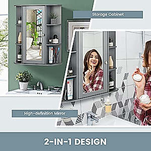 COSTWAY Wall Mounted Bathroom Cabinet - Storage Organizer with Mirror Door, Adjustable Shelves & 6 Open Racks, Space-Saving Hanging Medicine Cabinet for Living Room Kitchen Entryway (Gray)
