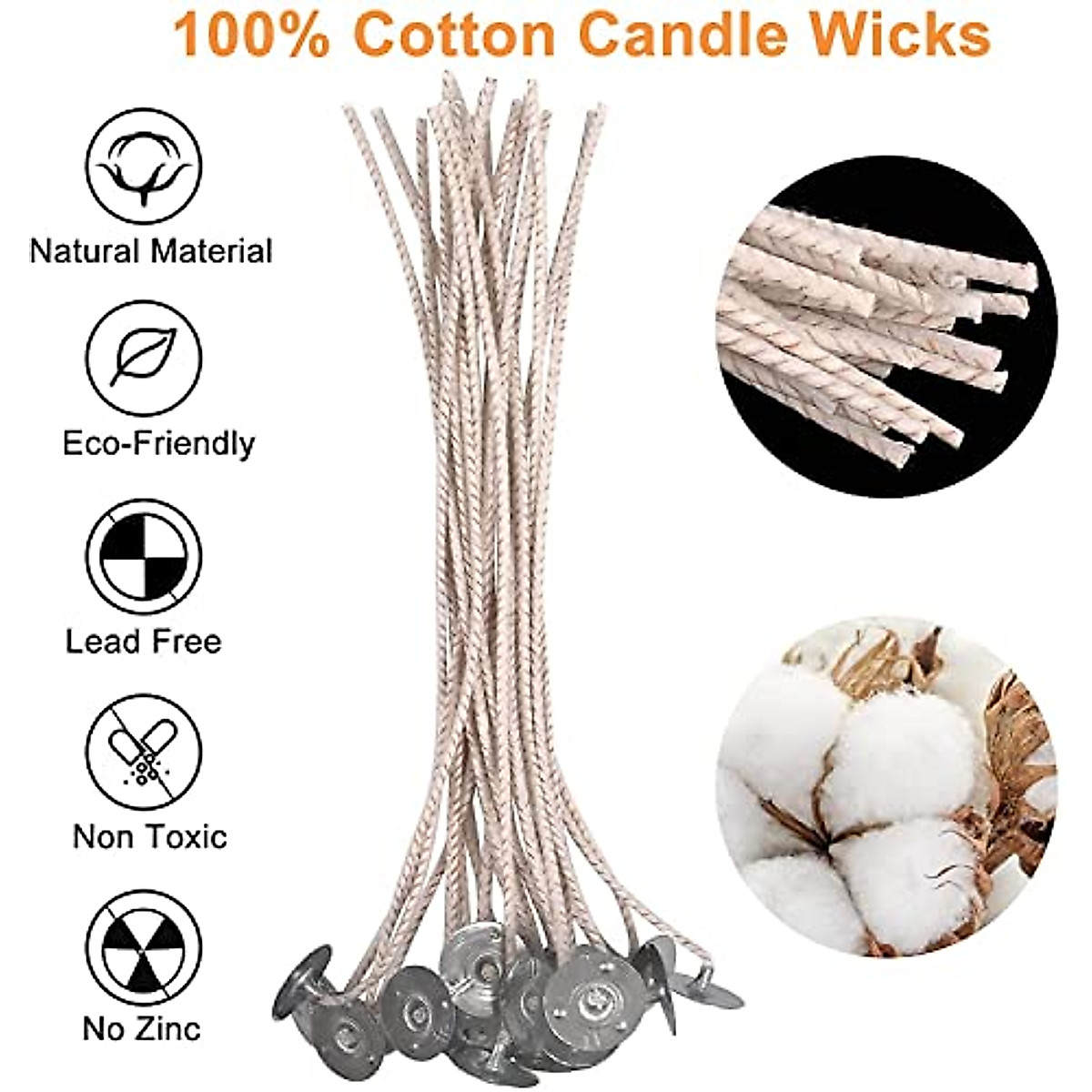 100pcs ECO Wicks for Soy Candles, 6 inch Pre-Waxed Candle Wick for Candle Making,Thick Candle Wick with Base