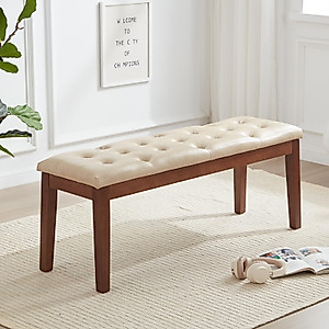 MILCIL Ottoman Bench Upholstered Padded Seat with Solid Wood Legs and Button-Tufted, Faux Leather Ivory