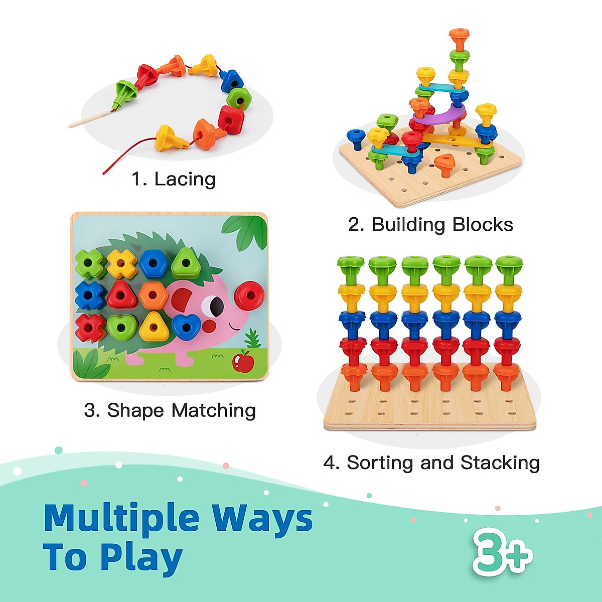 TOOKYLAND Peg Board Stacking Toy - 53pcs - Color and Shape Matching Game with Lacing Beads, Learning Sensory Pegboard Set for Kids 3 Years Old +