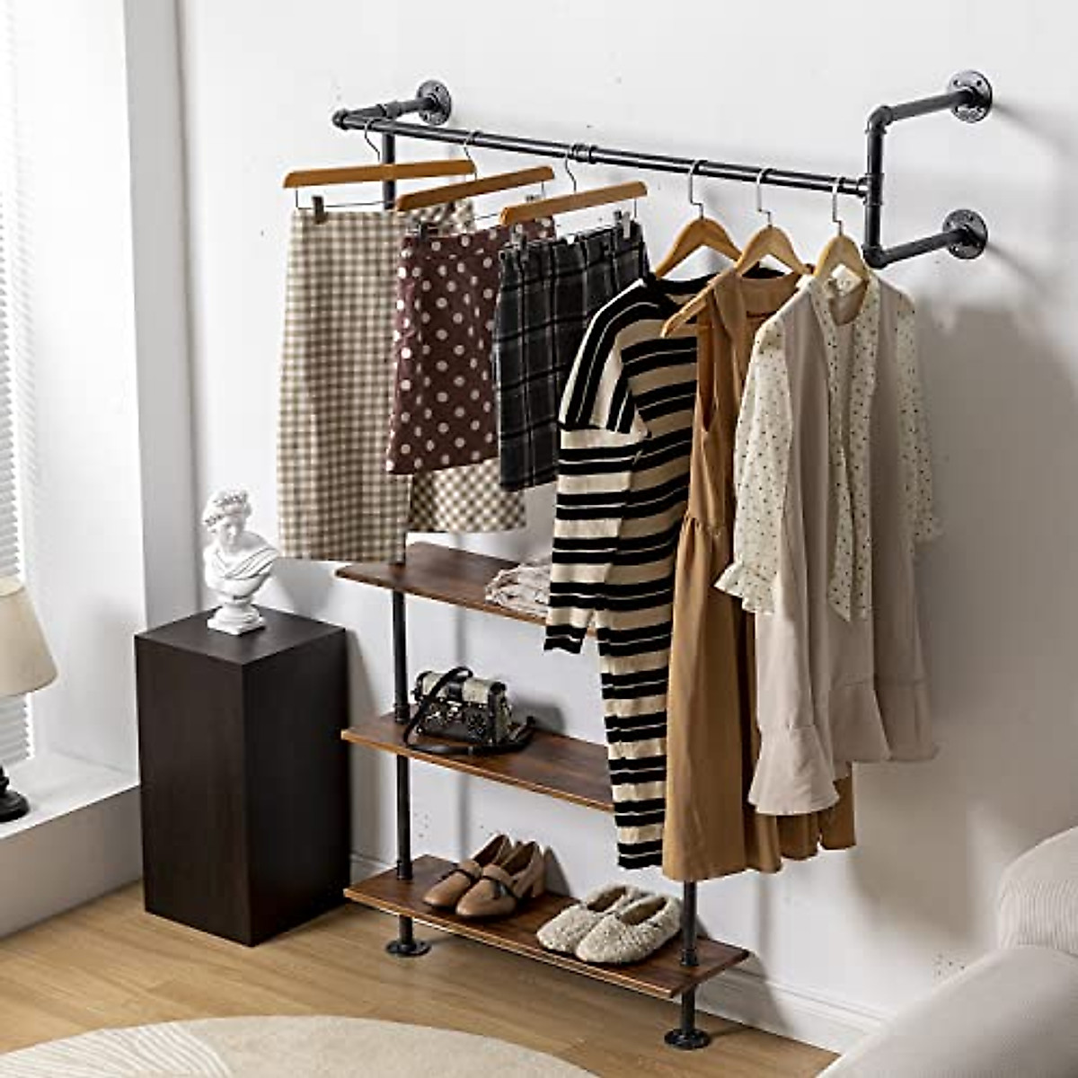 Industrial Pipe Clothing Racks with Shelves, Wall Mounted Wood Clothes Racks, Heavy Duty Iron Pipe Garment Racks for Hanging Clothes, Industrial Retro Steampunk Closet Organizer for Home Retail Store