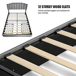 Queen Size Linen Upholstered Platform Bed Frame with 2 Big Drawers, Modern Rivets Design Platform Bed with Stitched Padded Headboard & Wood Slats Support for Bedroom, No Box Spring Needed (Grey)