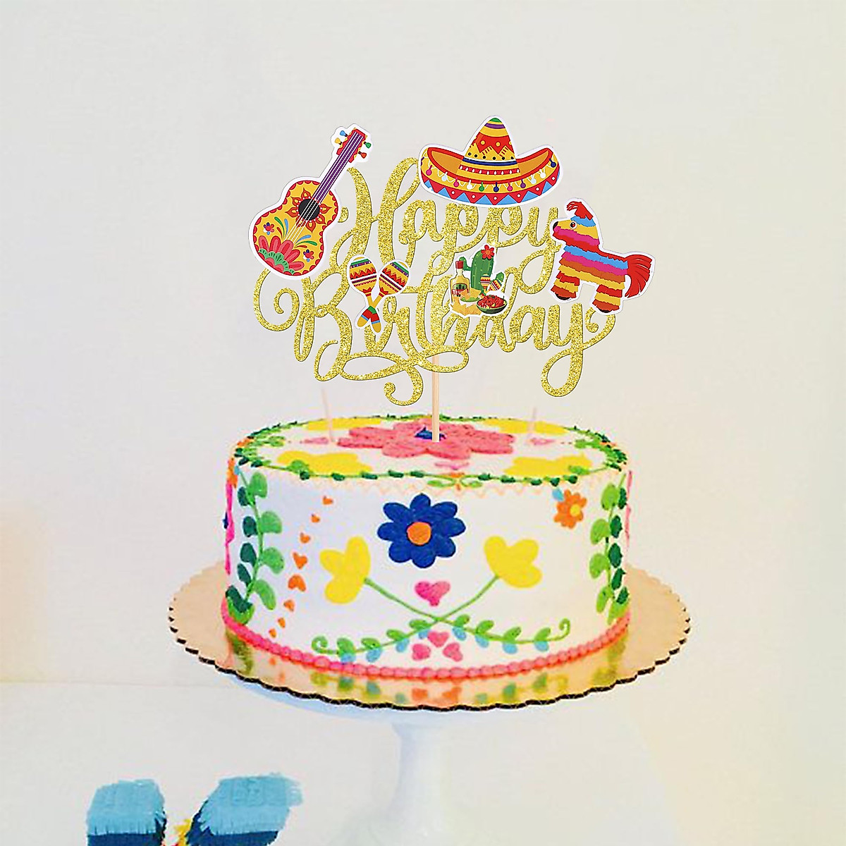 1 Pack Happy Birthday Fiesta Cake Topper Guitar Cactus Donkey Rackets Pepper Cake Pick for Mexican Fiesta Theme Baby Shower Birthday Party Cake Decorations Supplies Gold