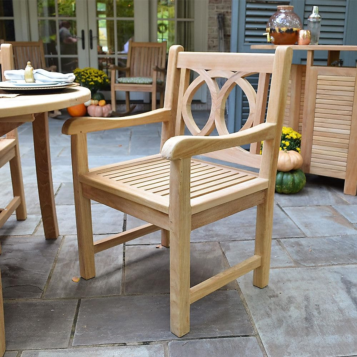 TITAN GREAT OUTDOORS Ash & Ember Grade A Teak Lismore Dining Armchair, Weather Resistant Patio Dining Chair for Deck, Porch, or Backyard, Flat Bottom with Tightly Spaced Slat, Indoor Outdoor Use