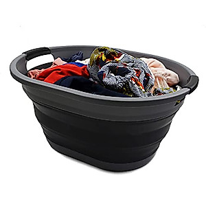 SAMMART 32L (8.4 gallon) Collapsible Plastic Laundry Basket - Foldable Pop Up Storage Container/Organizer - Portable Washing Tub - Space Saving Hamper/Basket, Water Capacity: 24L (1, Grey/Black)