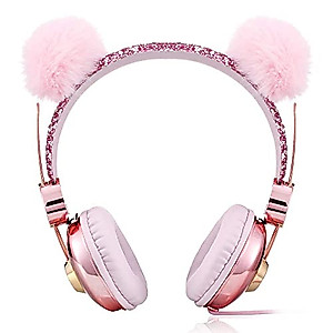 LOAKYO Kids Headphones for Girls, Cute Bear Ear Wired Girls Headphones with Microphone for School Travel Christmas Birthday Gifts (Pink)