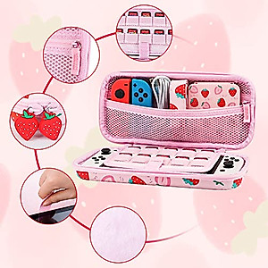 GLDRAM Pink Strawberry Carrying Case for Nintendo Switch & OLED Modle, Portable Switch Travel Protector with Cute Game Card Case, Shoulder Strap & 2 Thumb Caps, Switch Accessories Bundle for Girls