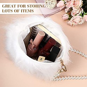 FENICAL Crossbody Bag Plush Pearl Chain Cellphone Purse Small Fuzzy Shoulder Pouch for Women Ladies Girls - White