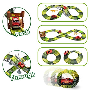 288 Pcs Dinosaur Race Car Tracks Set for Kids,Flexible Train Tracks to Create A Dino World Road with Bridge, 2 Electric Race Cars Best Gift for Toddlers Boys and Girls
