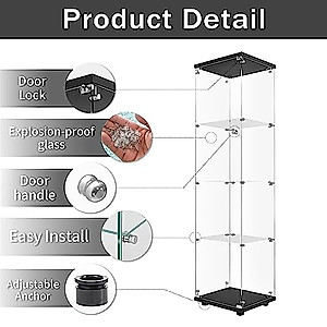 LFT HUIMEI2Y Glass Display Cabinet 4-Shelf with Door and Lock, Curio Cabinets Upgraded Quick-Install Style 5mm Tempered Glass Floor Standing Bookshelf for Bedroom, Living Room 64”x 17”x 14” Black