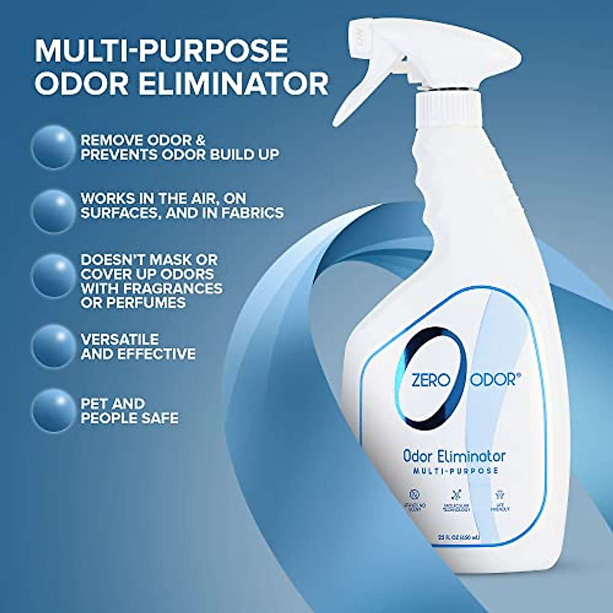 Zero Odor Multi-Purpose Odor Eliminator - Air & Surface Odor – Patented Technology Best for Bathroom, Kitchen, Fabrics, Closet- Smell Great Again, 22oz (Over 500 Sprays)
