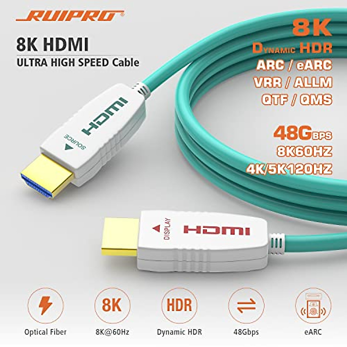 RUIPRO 8K Fiber Optic HDMI Cable 10 Feet 48Gbps 8K60Hz 4K120Hz Dynamic HDR eARC HDCP2.2/2.3 for RTX4080/4090/3080/3090, Xbox S/X, PS5/4, AVR, Projector, LG/Samsung/Sony TV