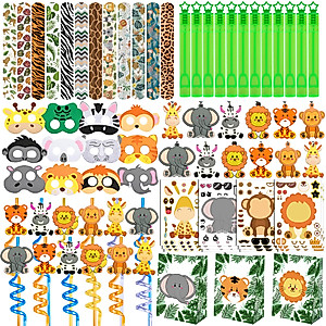 Jungle Safari Party Favors Set 84 PCS Wild Animals Theme Masks Sticker Keychains Straws Slap Bracelets Bubble Sticks Gift Bags for Kids Birthday Party Baby Shower Goodie Bag Fillers Jungle Safari