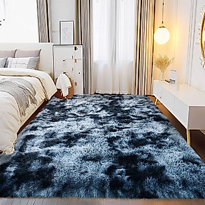Isdook Anti-Skid Rectangular Fuzzy Rug Fluffy Rug for Living Room Non-Slip Shag Fuzzy Rug for Nursery Tie-Dyed Blue Grey Rectangle 4x6 Feet