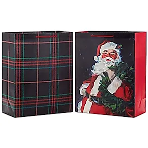 Hallmark 15" Extra Large Christmas Gift Bag Set (2 Bags: Classic Santa, Black, Red and Green Plaid) for Friends, Family, Teachers, Coworkers