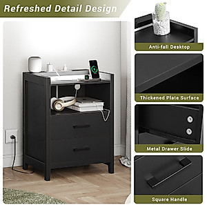 EPHEX LED Nightstands Set of 2, Black Night Stand with Charging Station and 2 Drawers, Wood End Side Table with USB Ports, Bedside Table for Bedroom