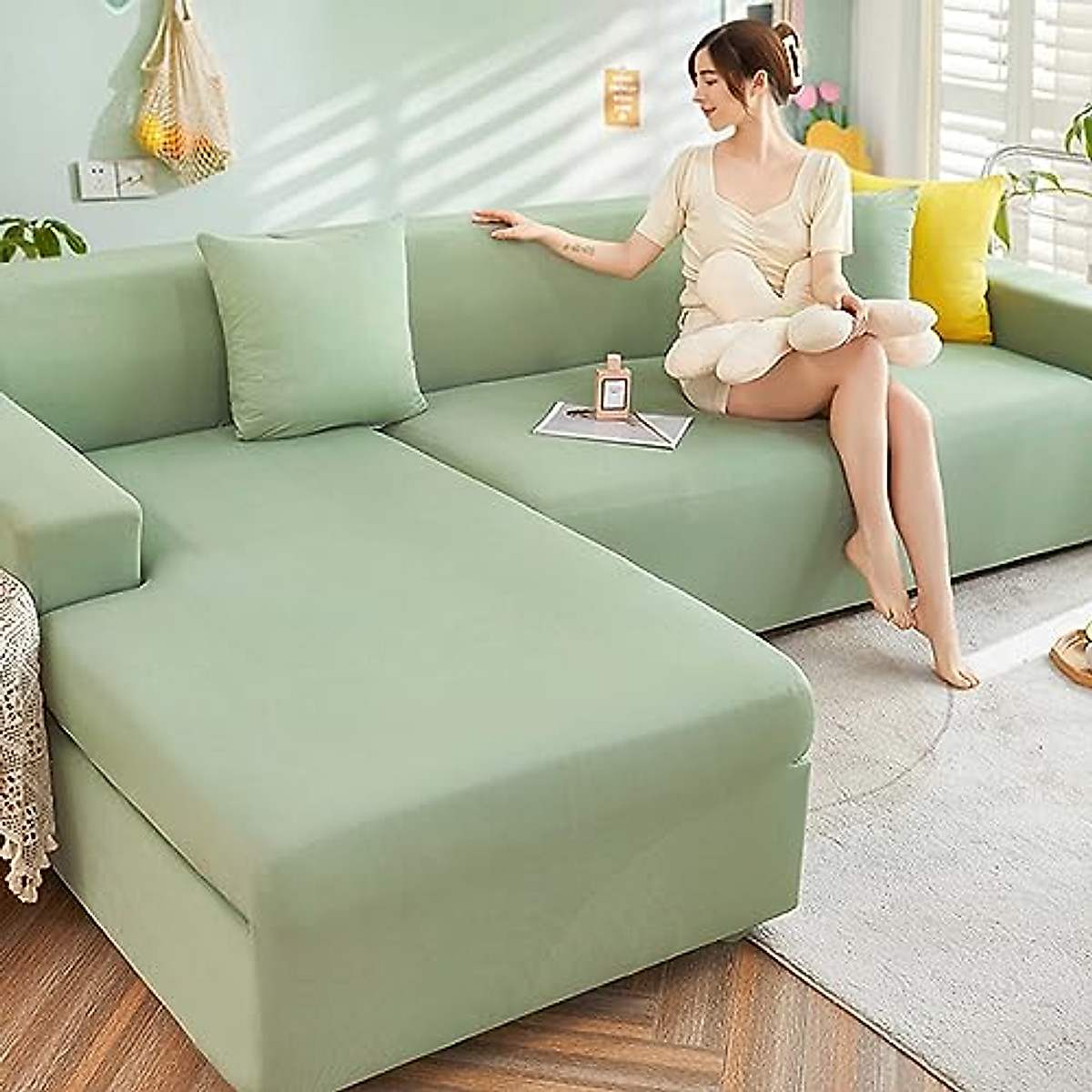 JunJiale Sectional Couch Covers 2-Piece Softness Sofa Cover Super Stretch L-Type Couch Slipcover 4 Seater + 4 Seater Furniture Protector (Blue