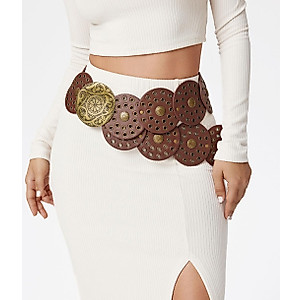 WULIQIUQIU Wide Disc Belt for Women Boho Concho Leather Belts Vintage Western Waist Belt 115CM Brown