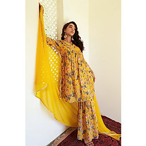 Janasya Indian Women's Yellow Georgette Digital Floral Printed Kurta with Sharara and Dupatta