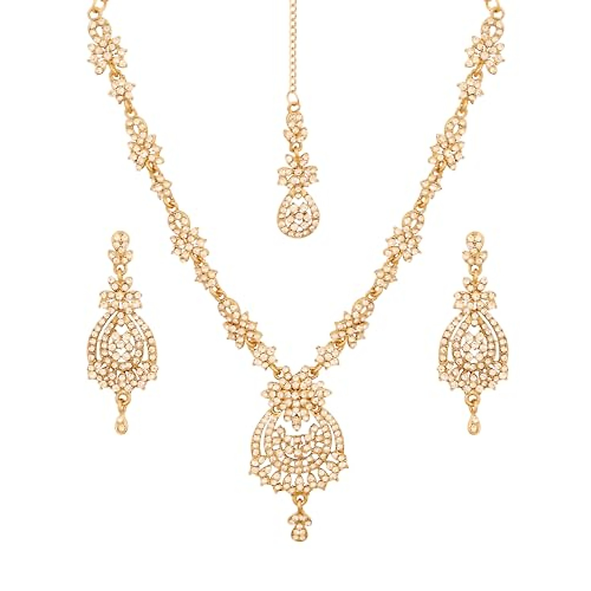 Touchstone Indian Bollywood Trends Filigree Floral Pattern Sparkling Rhinestone Designer Jewelry Necklace Set Mangtika In Antique Gold Tone For Women.