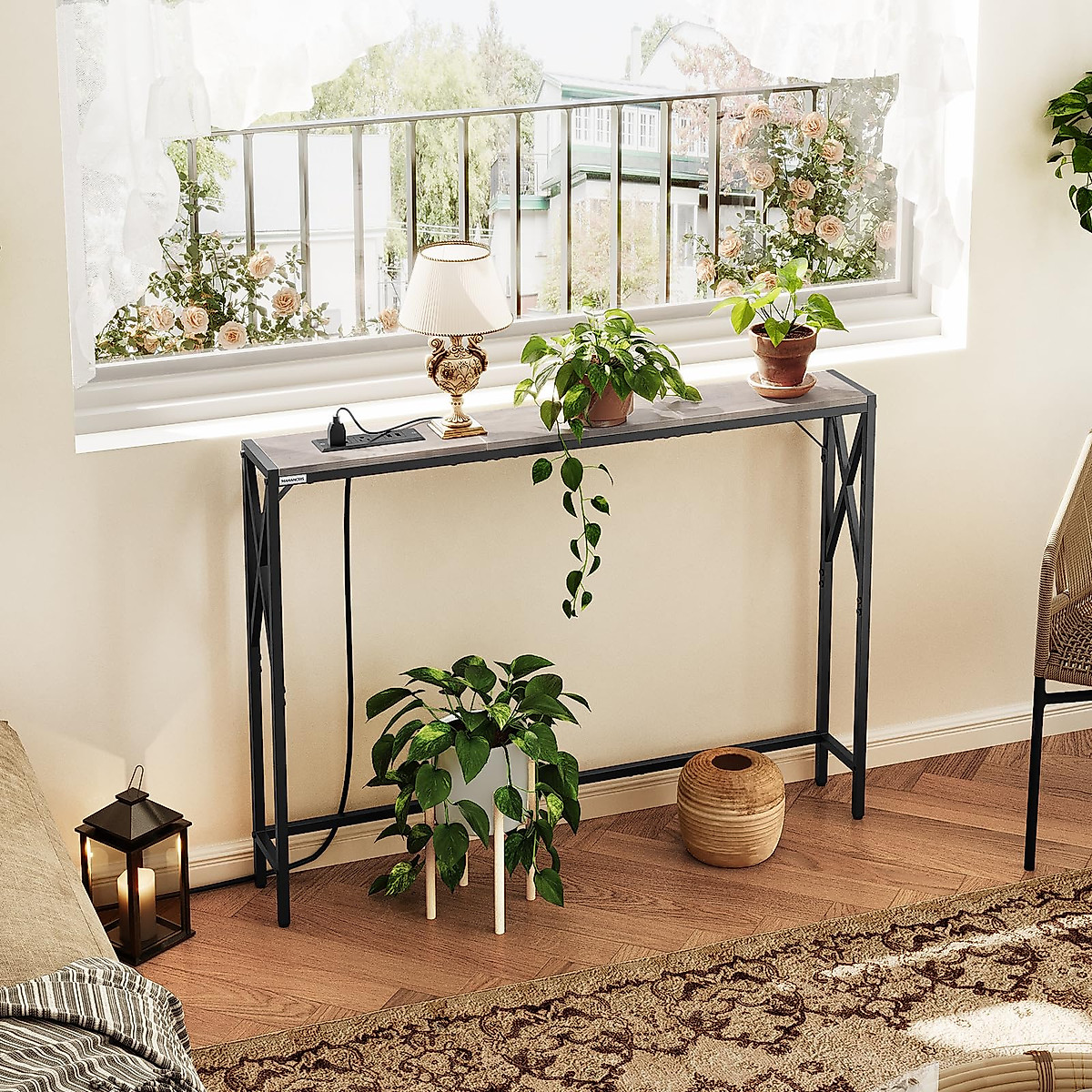 MAHANCRIS 2 Pack Sofa Table with Charging Station, 39.4” Console Table, Narrow Entryway Table, Slim Hallway Table, Retro Couch Table, for Entrance, Foyer, Living Room, Hallway, Greige CTHG151E01S2