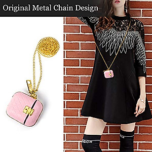 WEISHIJIE Case for AirPods 1, AirPods 2, Genuine Leather AirPods Case with Argyle Pattern & Electroplating Metal Keychain & Gold Buckle (Pink)