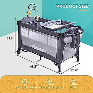 5-in-1 Baby Bedside Sleeper with Bassinet, Multifunction Bedside Baby Crib from Newborn to Toddlers, U-Shaped Diaper Changer, Safety Strap, Music Box & Hanging Toys, Baby Playard Deluxe Nursery Center