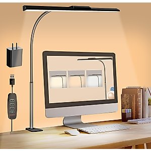 litren Clip On Desk Lamps for Office Home Desk Lights with Clamp with 3 Light Modes,10 Brightness 10W USB Adapter Adjustable LED Clamp Light for Computer Desktop Workbench Monitor Lamp
