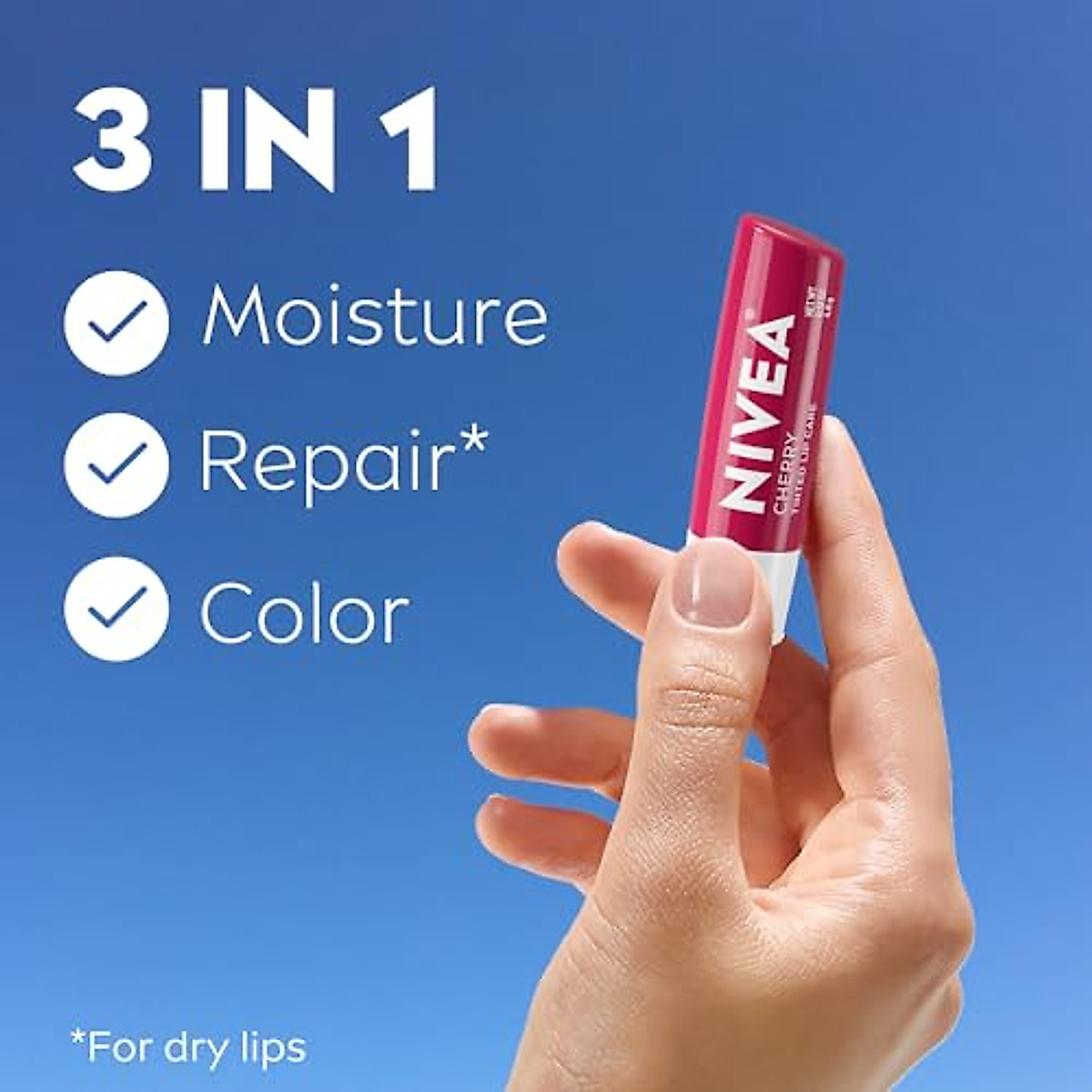 NIVEA Cherry Lip Care, Tinted Lip Balm Pack with Shea Butter, Nourishing Oils and Vitamin C & E, 3-in-1 Moisture, Repair and Color, 0.17 Oz Stick, Pack of 4