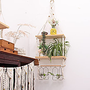 TENEWEE Wall Hanging Shelves with Hooks - 2 Tier Macrame Boho Floating Plant Photos Storage Rack Wood Shelf for Bedroom Living Room Bathroom